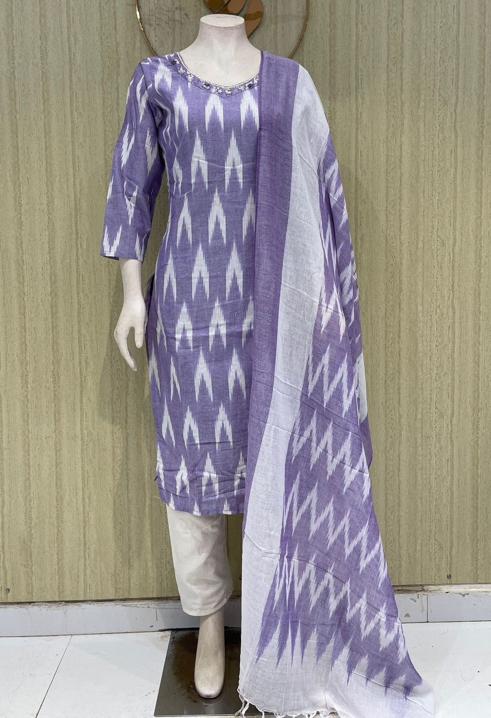 Pure handloom cotton Ikkat design 3 piece set with maggam work across ...